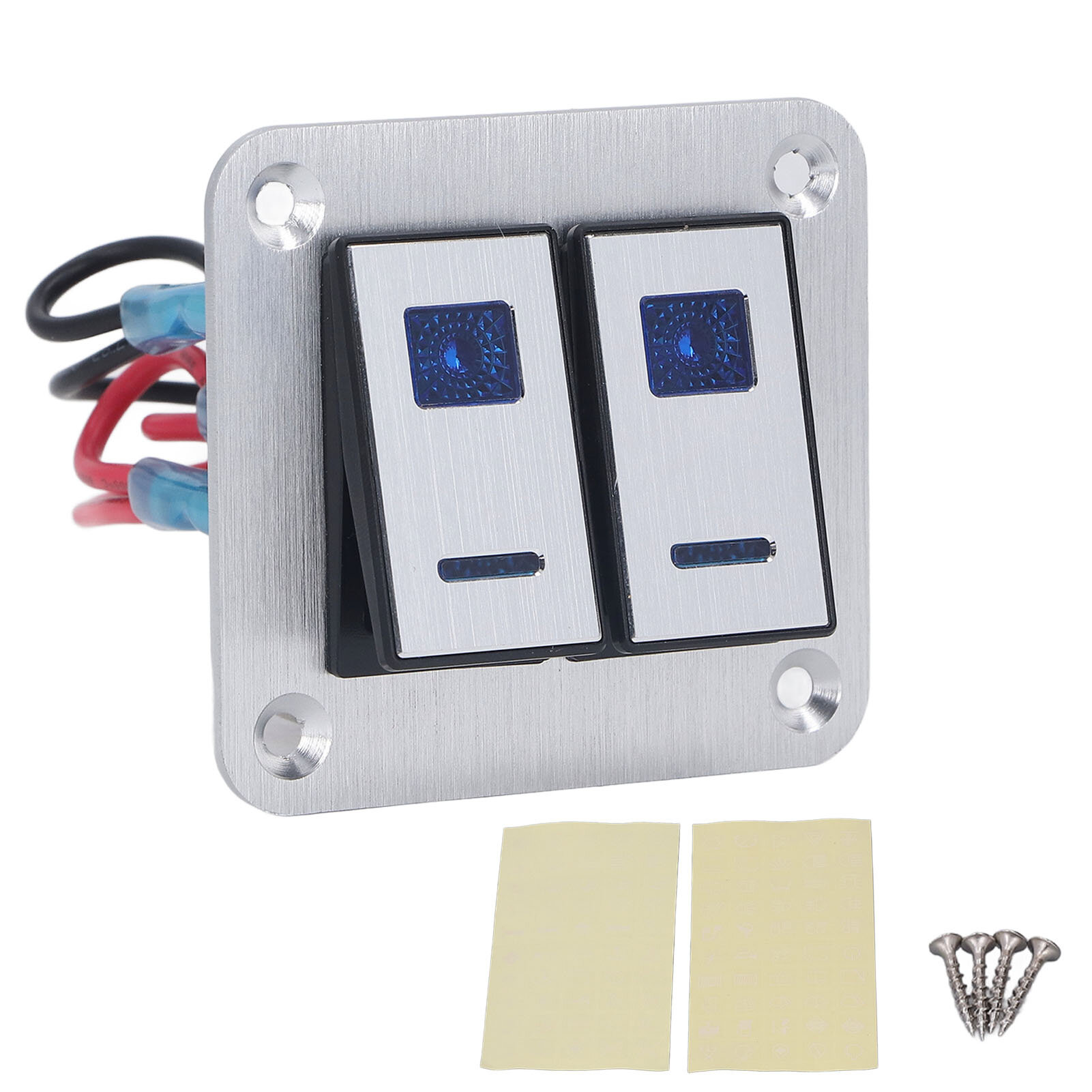 Rocker Switch Panel 2 Gang On Off Toggle Waterproof Car RV Yacht Modification Silver Oxide Surface with Blue LED Light