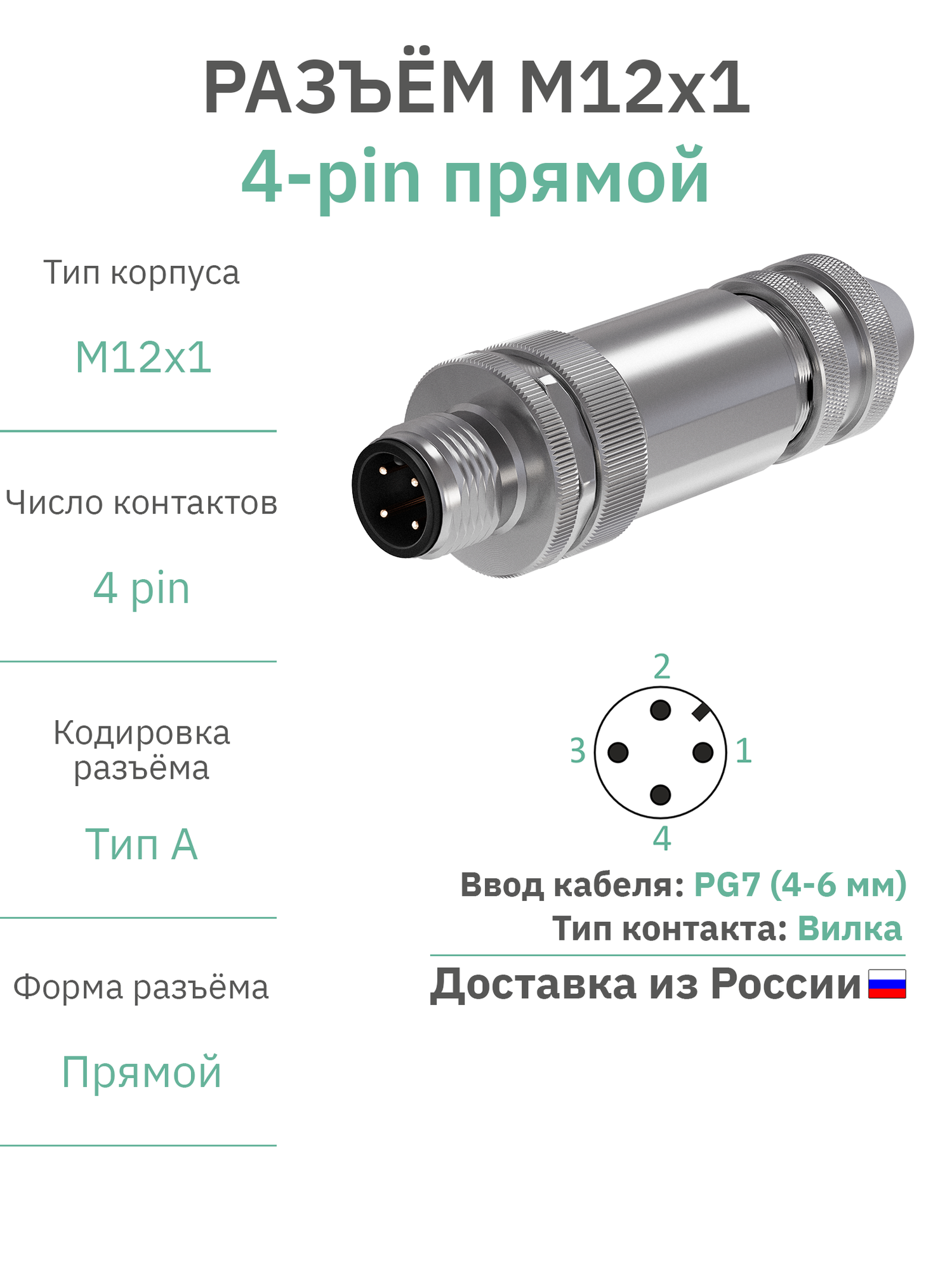 Разъём M12 Ethernet 4 pin прямой / вилка (папа) / PG7 (4-6 мм диаметр под кабель) / модель RAZM-M12-C4-PG7-LT