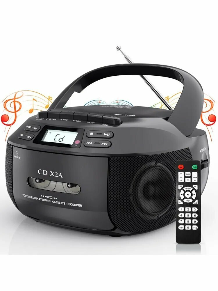 CD-плеер Бумбокс Кассетный плеер Комбо с Bluetooth, AM/FM радио, стереозвук с пультом дистанционного управления, AUX/USB привод, запись на кассету, питание AC/DC черный