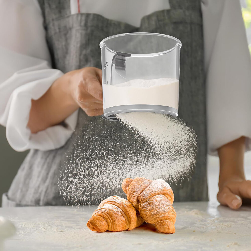Просеиватель муки для выпечки, ручное сито для сахарной пудры с мелкой сеткой и весами, а также дизайн ручного пресса для кухонного инструмента для выпечки
