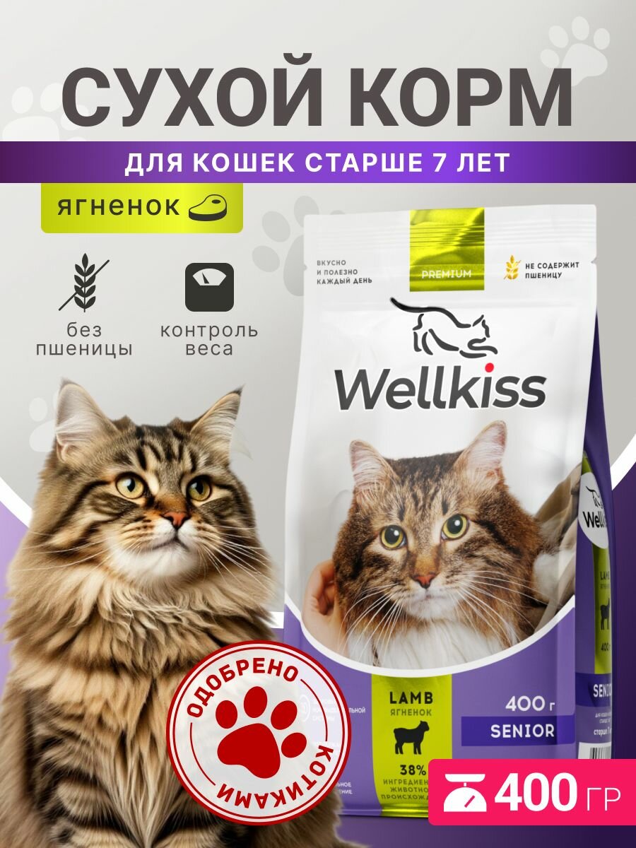 Wellkiss Senior Сухой корм для кошек старше 7 лет, с ягненком, 400 гр.