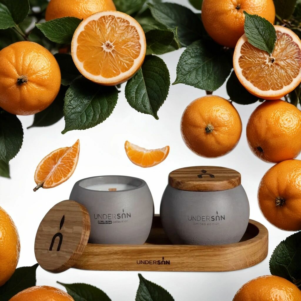 Набор из двух ароматических свечей с подставкой из дуба - Пачули и Мандарин / свечи для дома / ароматерапия