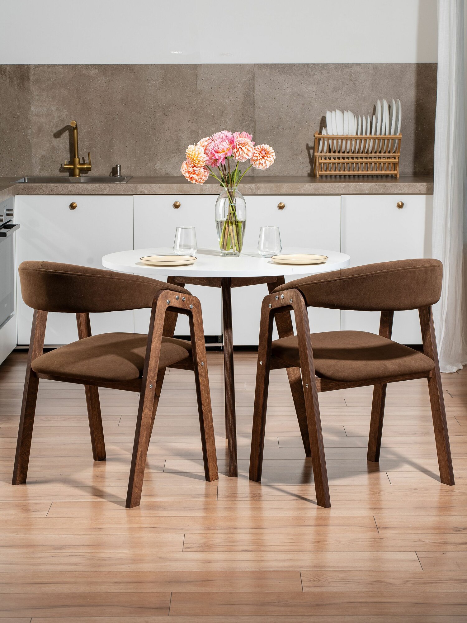 Стулья для кухни 2 шт комплект деревянные мягкие со спинкой кресла для обеденной зоны, антивандальный велюр, Коричневый