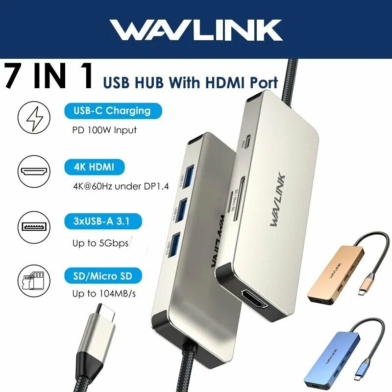 Док-станция WAVLINK 7-в-1 USB C с адаптером 4K Type C к HDMI, 100 Вт, PD 3 * 5 Гбит / с, USB3.1, устройство для чтения карт памяти SD/TF, USB C-ключ