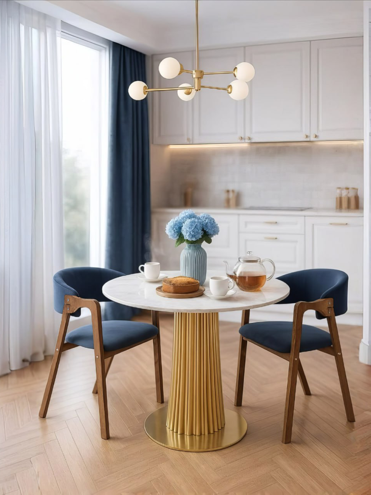 Стулья для кухни комплект 2 шт. со спинкой мягкие деревянные, кресла для обеденной зоны с подлокотниками, велюр, Синий