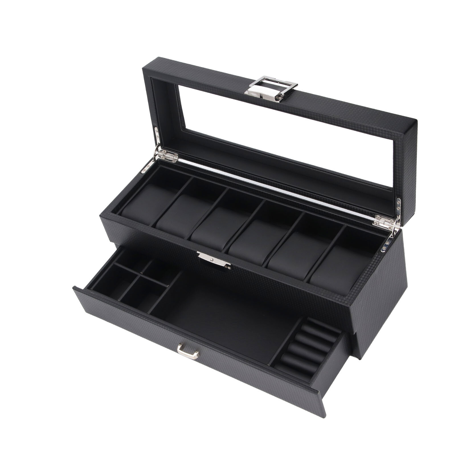 Черный органайзер для часов, 6 слотов, витрина для часов, 2 яруса, держатель для часов со стеклянной крышкой и ящиком