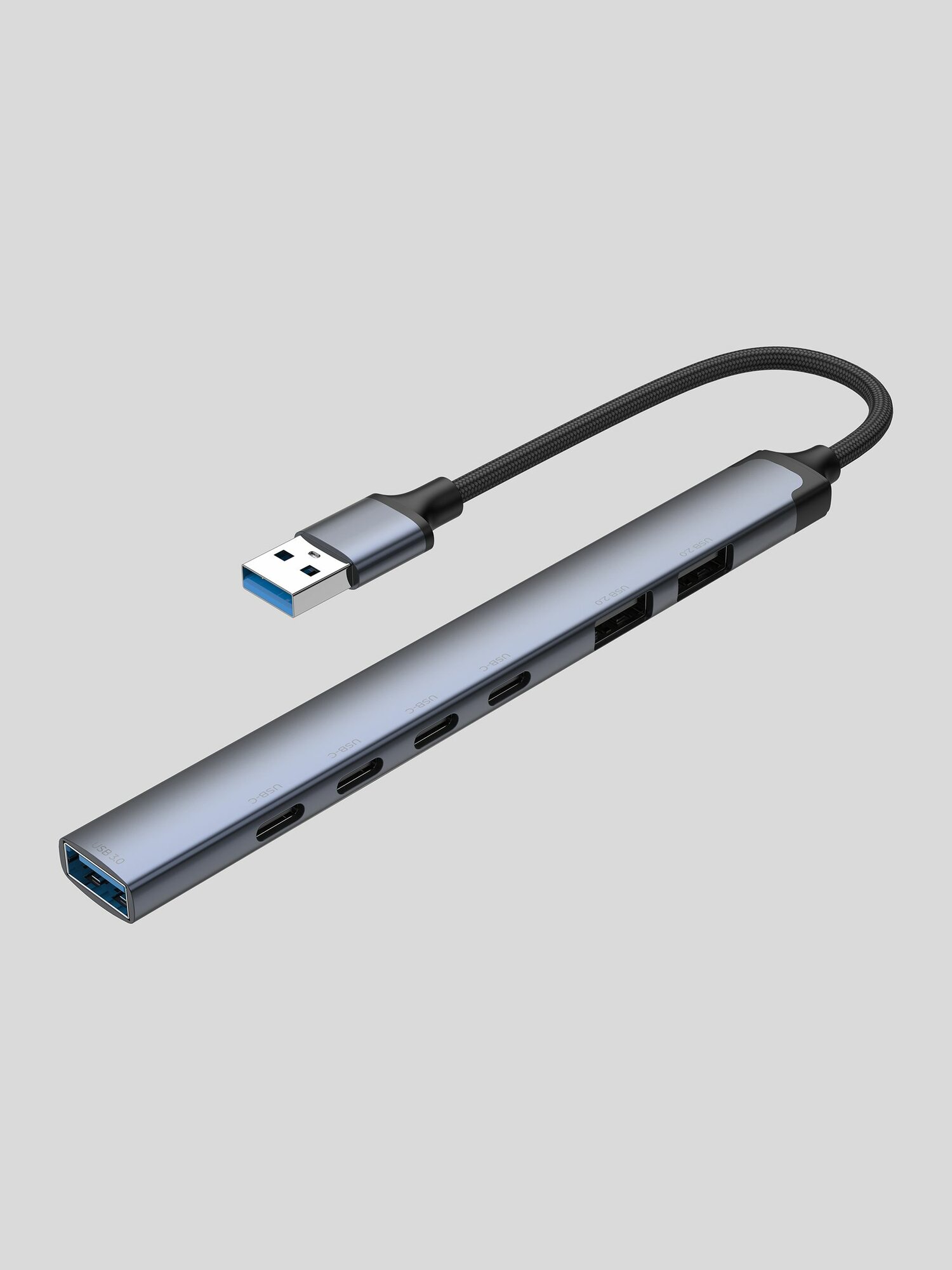 USB-хаб USB-A 3.0 + 2xUSB-A 2.0 + 4xUSB-C, переходник-адаптер 7 в 1, силиконовый кабель 12см, серый, Deppa, 73144
