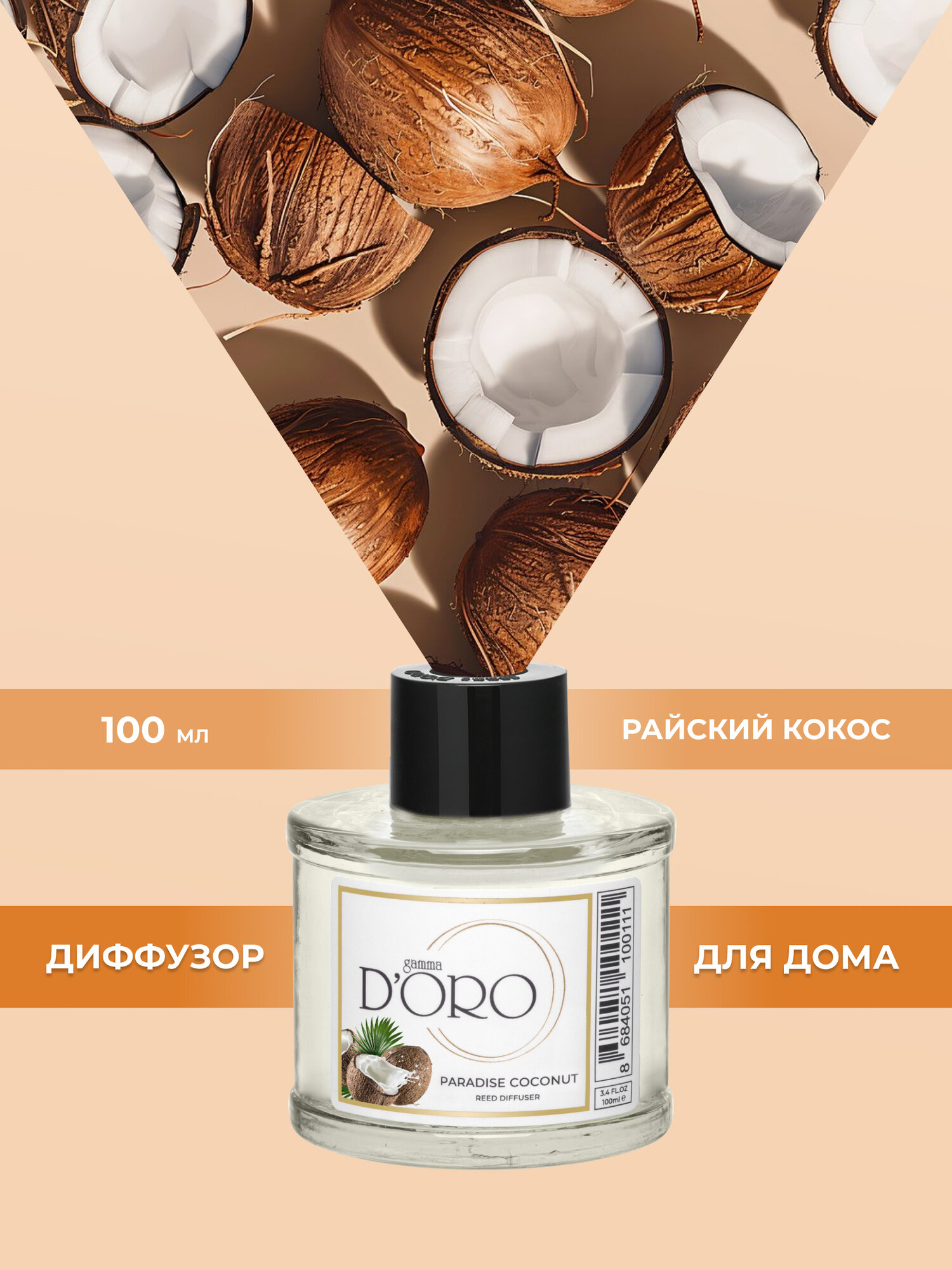 Ароматический диффузор для дома с палочками GAMMA D’ORO Райский кокос 100 мл
