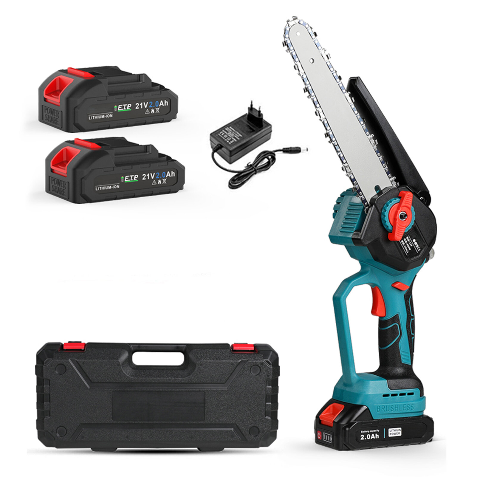 8 inch Mini Cordless Chainsaw Brushless Electric Saw Handheld Auto Oiler Tool-Free Tensioner Wood Cutting Tree Trimming Branch Cutting 600W 21V 2000mAh Lithium Battery 2pcs ABS Metal 3000r/min 11m/s 205mm Chain