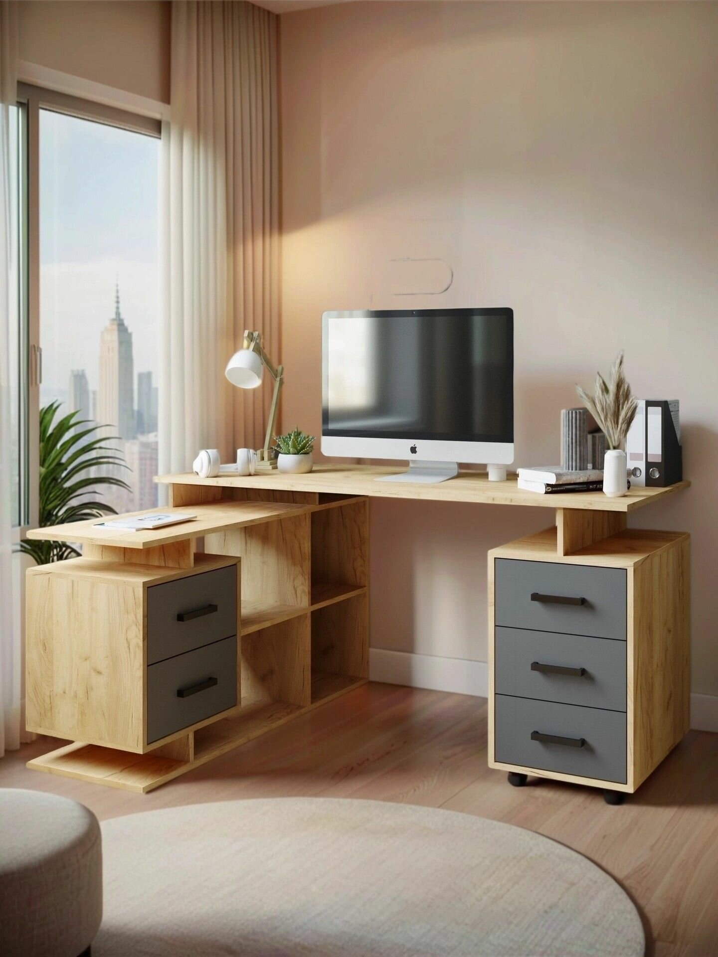 Компьютерный стол угловой СКМУ-3 дуб крафт золотой/графит серый