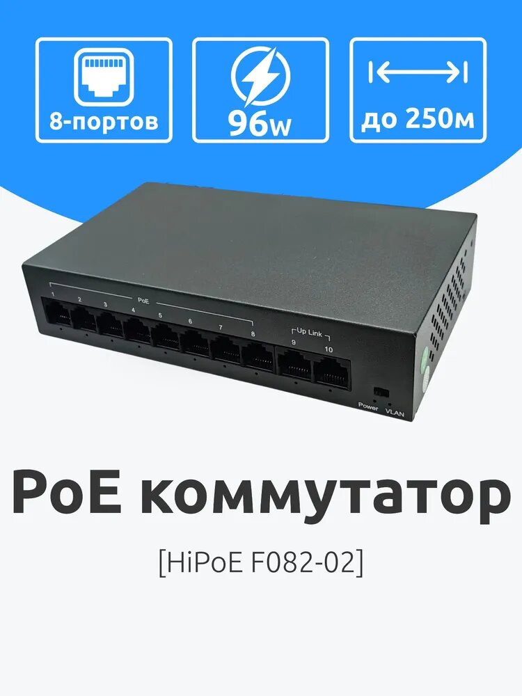 PoE коммутатор (свитч) Owler HiPOE 8 портов F082-02 8PoE+2Uplink, 100Мб/с, PoE 96Вт, WATCHDOG, до 250м