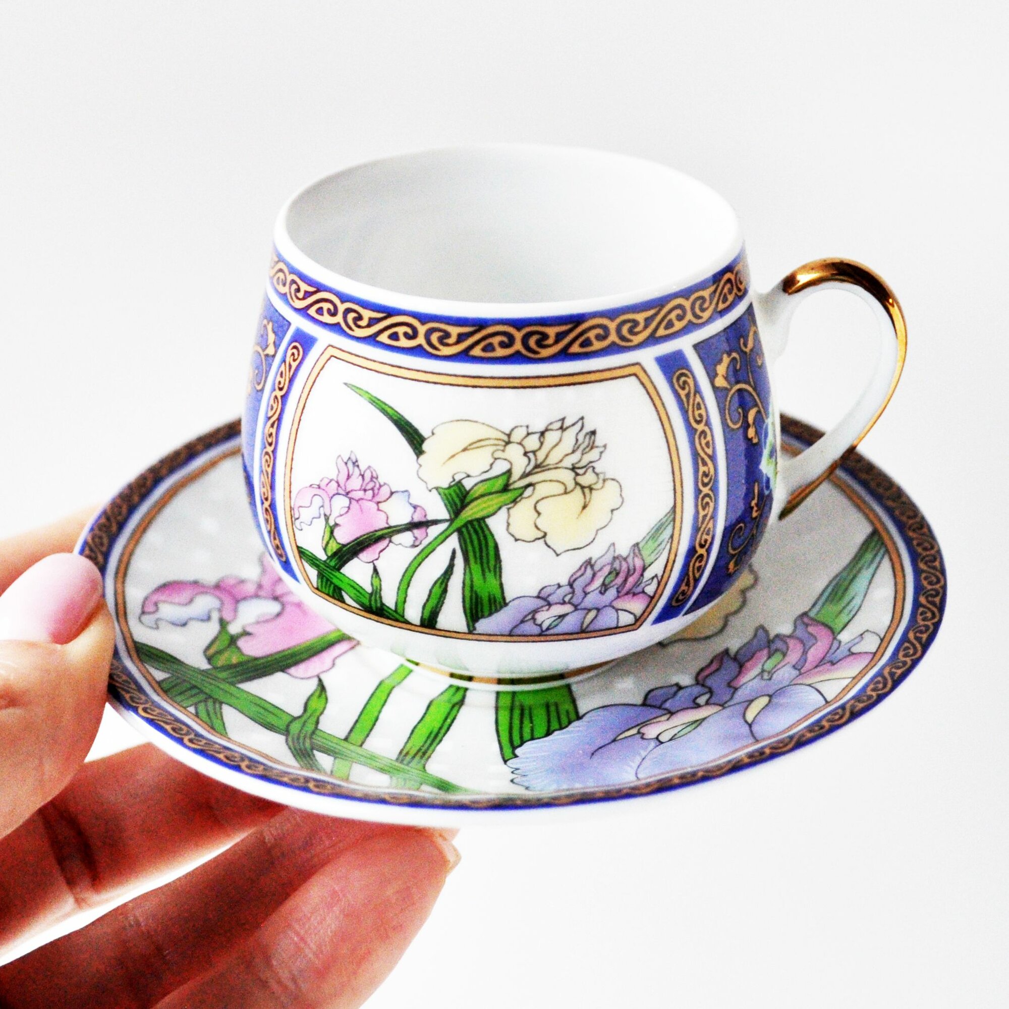 Винтажная кофейная пара "Золотая коллекция. Сады Моне". Фарфор, деколь. Япония, Yamasen, вторая половина ХХ века.