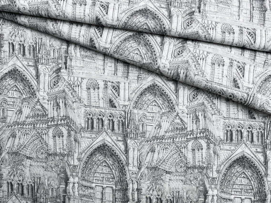 Ткань Джинса серого цвета с принтом готическая архитектура 12687