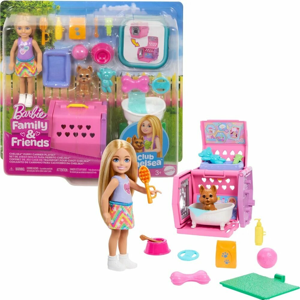 Игровой набор для переноски щенков Barbie Chelsea, маленькая кукла и переноска для собак с аксессуарами для щенков