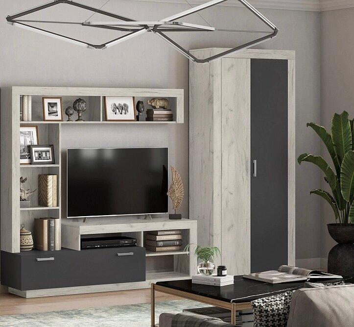 Модульная гостиная центральная секция стенка, шкаф двухстворчатый, Ангара 3, 260.5х207х41.6 см, Дуб Крафт белый / Графит