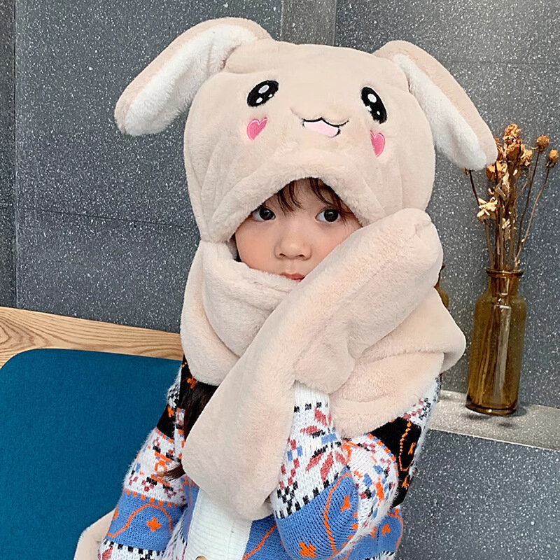 Детская шапка, осенне-зимняя женская шапка и шарф с подвижными ушками кролика, новый милый шарф 2025 года для мальчиков и девочек