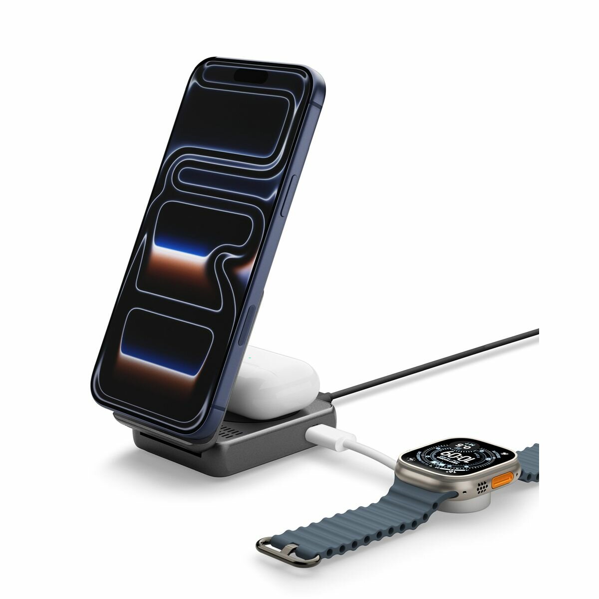 Док-станция с беспроводной зарядкой Spigen на смартфон (ACH10399) Essential (MagSafe) 2-in-1+C Wireless Charger (EF302MOQ) / Спиген док-станция с беспроводной зарядкой Черный