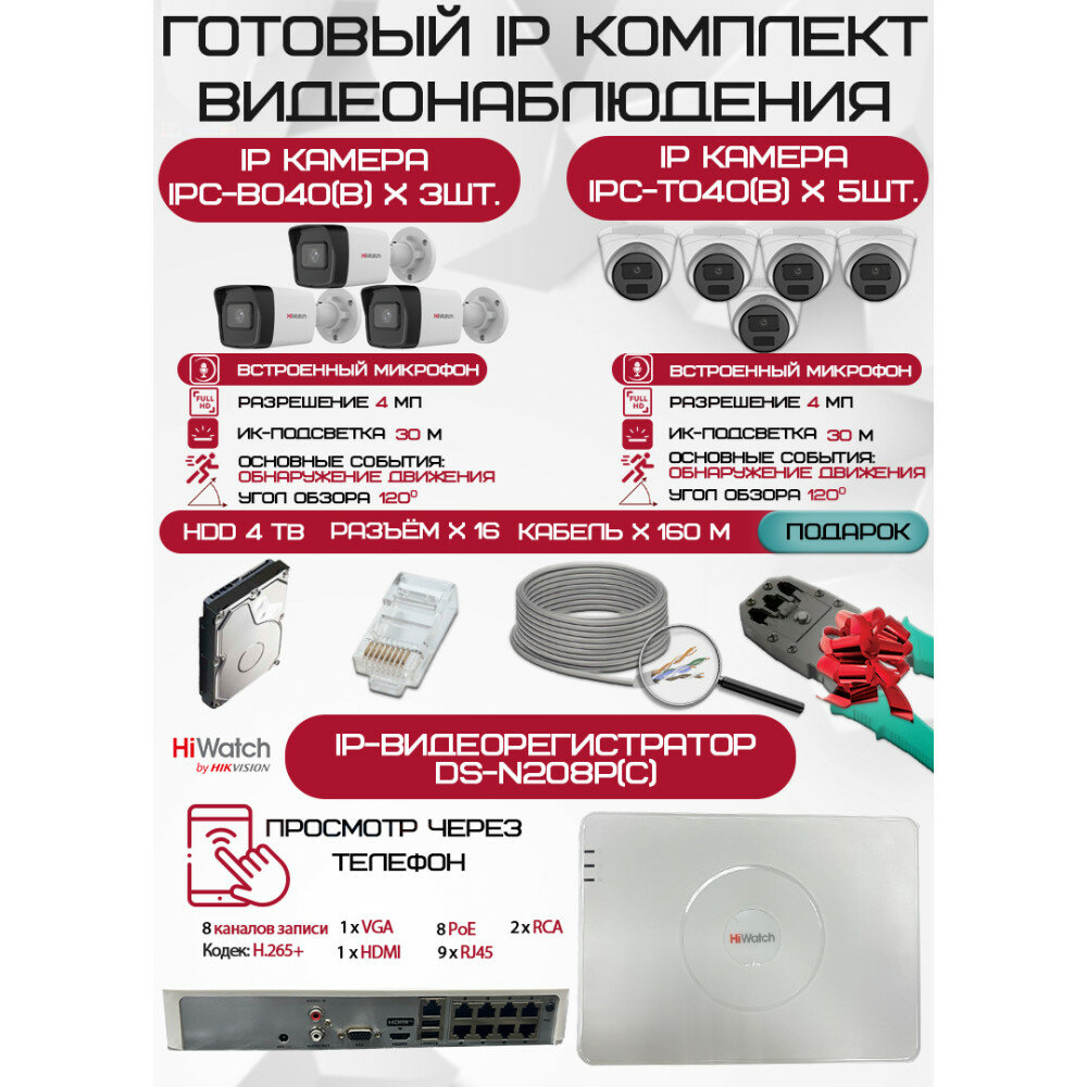 Готовый комплект видеонаблюдения HiWatch на 8 IP камер - 4Мп 1440P (DS-N208P(C) + 3xIPC-B040(B) + 5xIPC-T040(B) + 1хHDD Seagate SkyHawk 4ТБ + Кабель UTP U5e-4x2x0.48 Cu indoor - 160м)