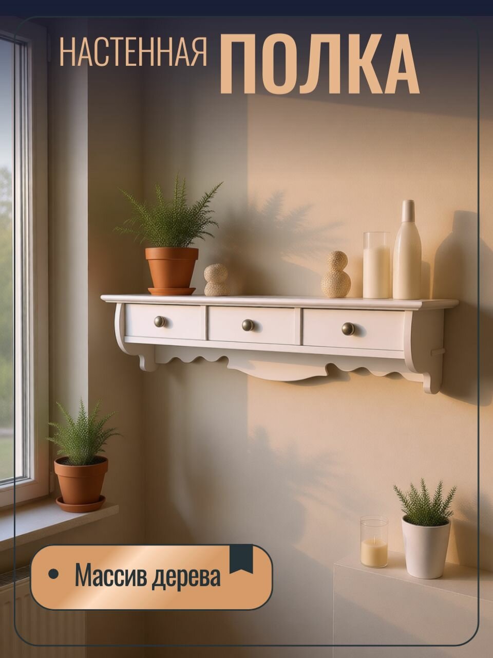 Полка настенная с ящиками из массива дерева