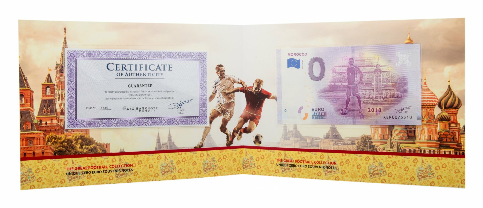 0 евро 2018 года - Чемпионат мира по футболу Страна - Марокко в буклете с сертификатом UNC