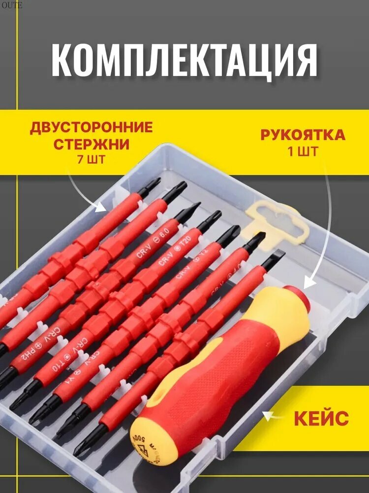 Набор диэлектрических отверток 14 в 1, 8 предметов, 160 мм, красный, 56756786 — фото 1