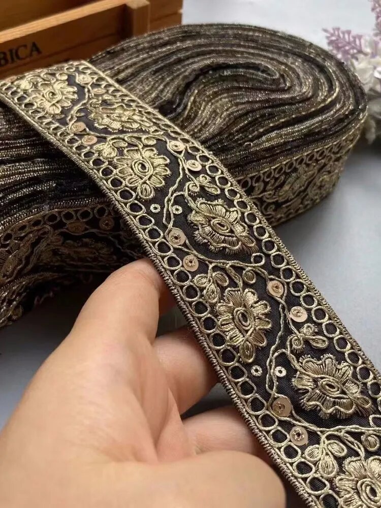 Пайетки ракушка Тесьма лента трикотажная, 4 см, 2 метра Тесьма декоративная, с народным узором, для декора, рукоделия и творчества, чёрный