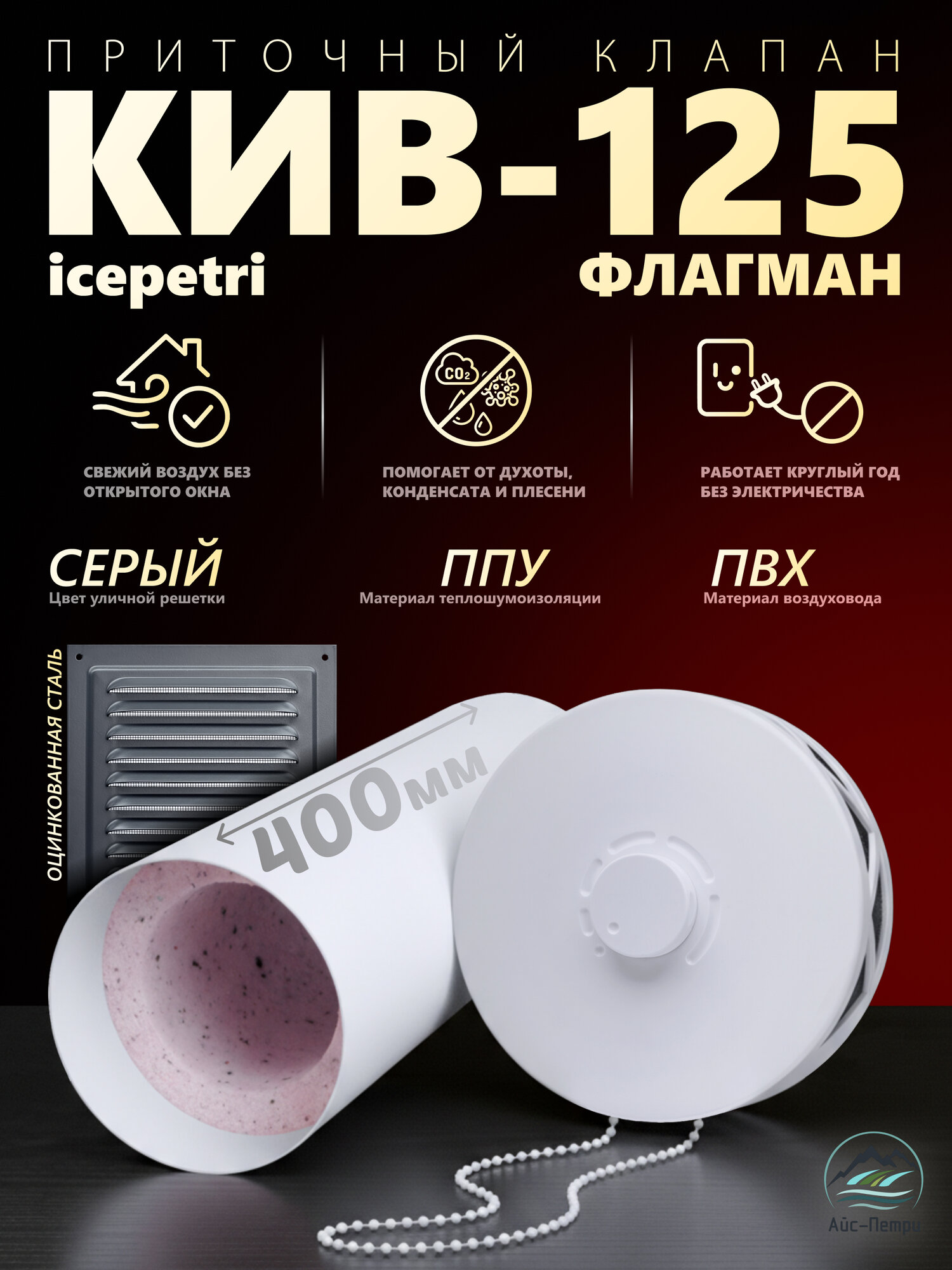 Приточный клапан КИВ-125 Флагман 400 ПВХ квадрат. реш. серый