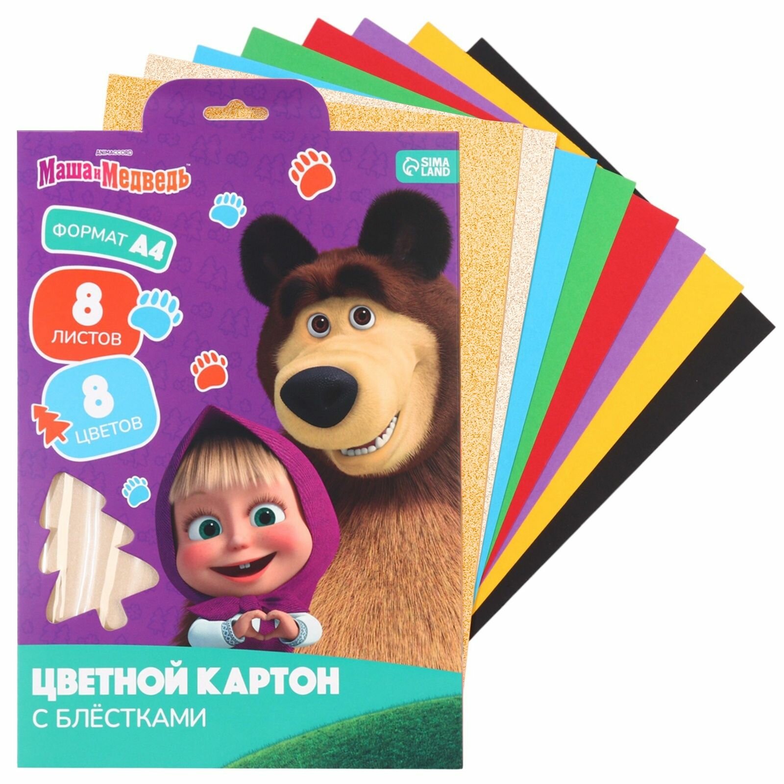 Набор Цветного картона с блёстками, А4, 8 листов, 8 цветов, немелованный, двусторонний, в папке, 250 г/м , Маша и медведь