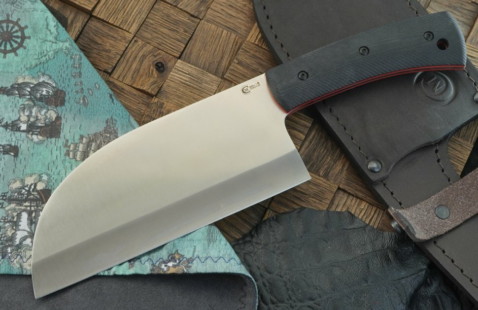 Мастерская Семина кухонный нож Сербский, сталь кованая 95Х18, рукоять черный G-10/красные проставки