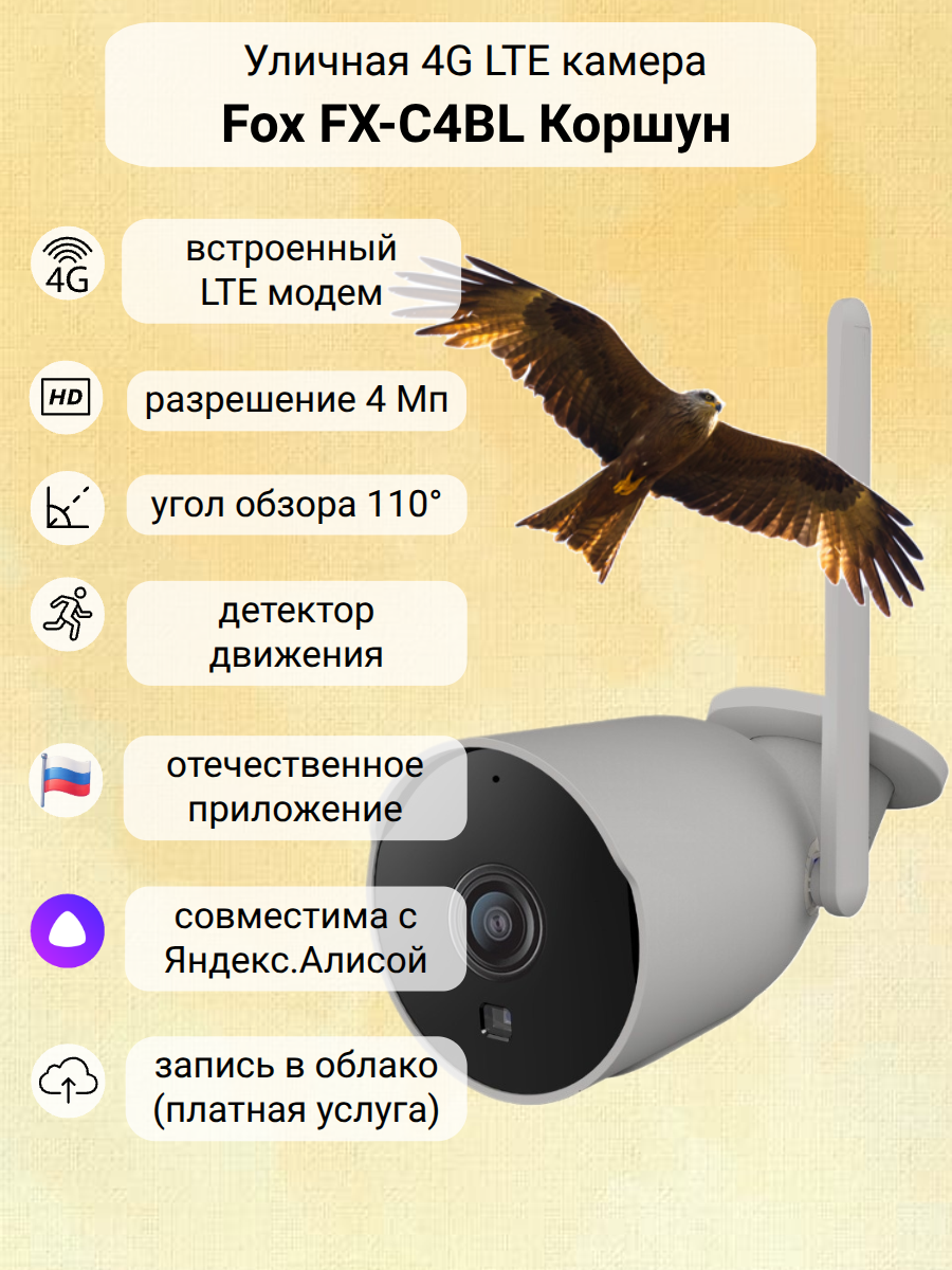 Уличная 4G камера видеонаблюдения 4 Мп с сим-картой Fox FX-C4BL Коршун с Алисой / микрофон и динамик