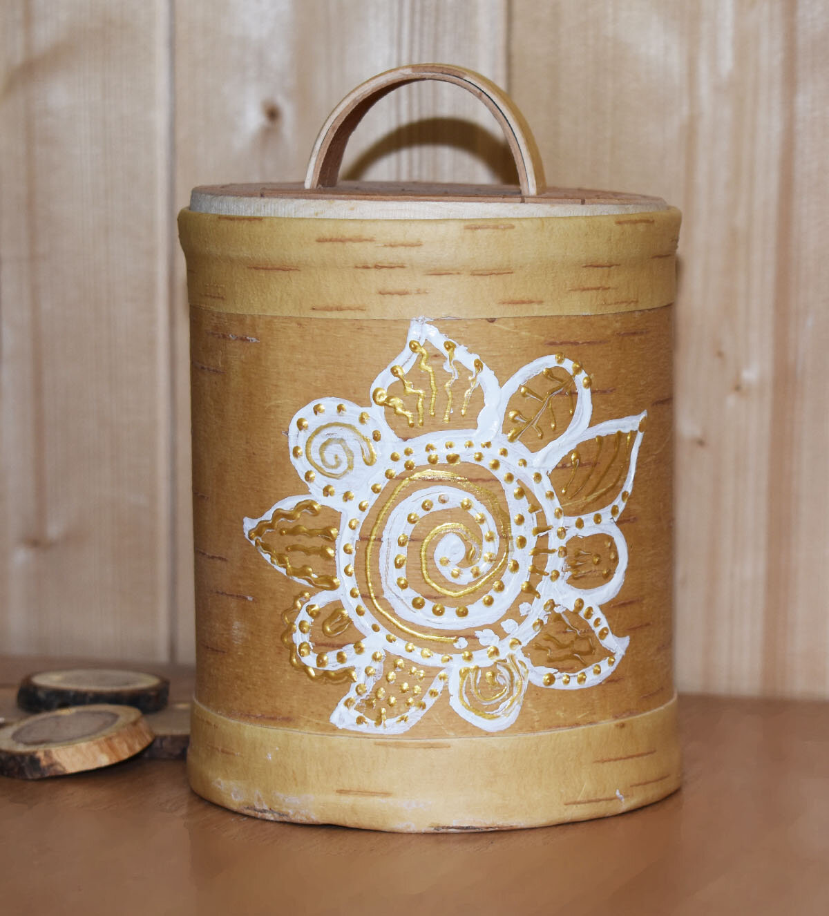 Туес берестяной "подсолнух", диаметр 10 см, высота 12см