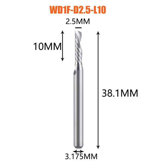 Dreanique чистовая спиральная однозаходная фреза стружка вниз для чпу станка (2.5х10х38х3.175) WD1F-D2.5-L10 11389