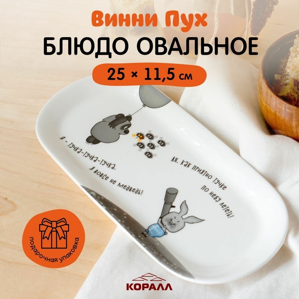 Блюдо сервировочное овальное Винни Пух 25х11,5 см, фарфор в подарочной упаковке