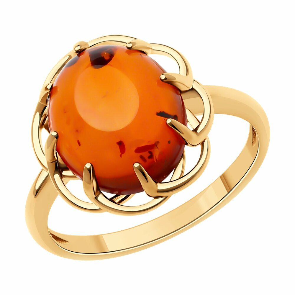 Кольцо, серебро, 925 проба, золочение, янтарь