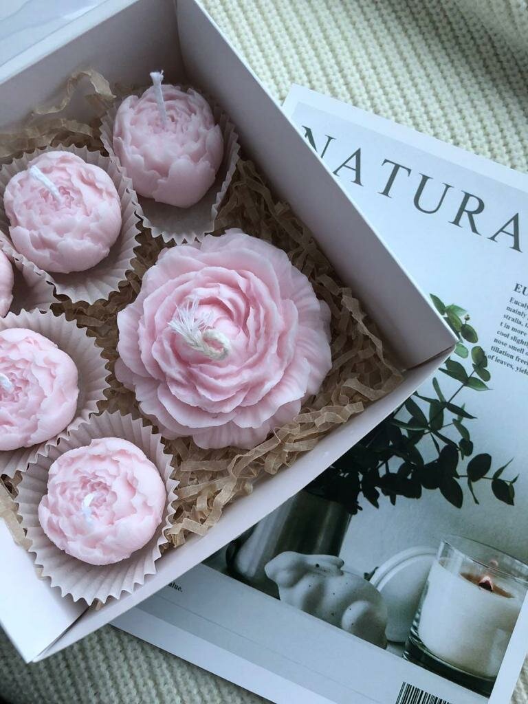 Набор интерьерных свечей в форме одного большого и 5 маленьких пионов "Нежно-розовая симфония"/Нежная нежность/Уют и тепло в вашем доме/