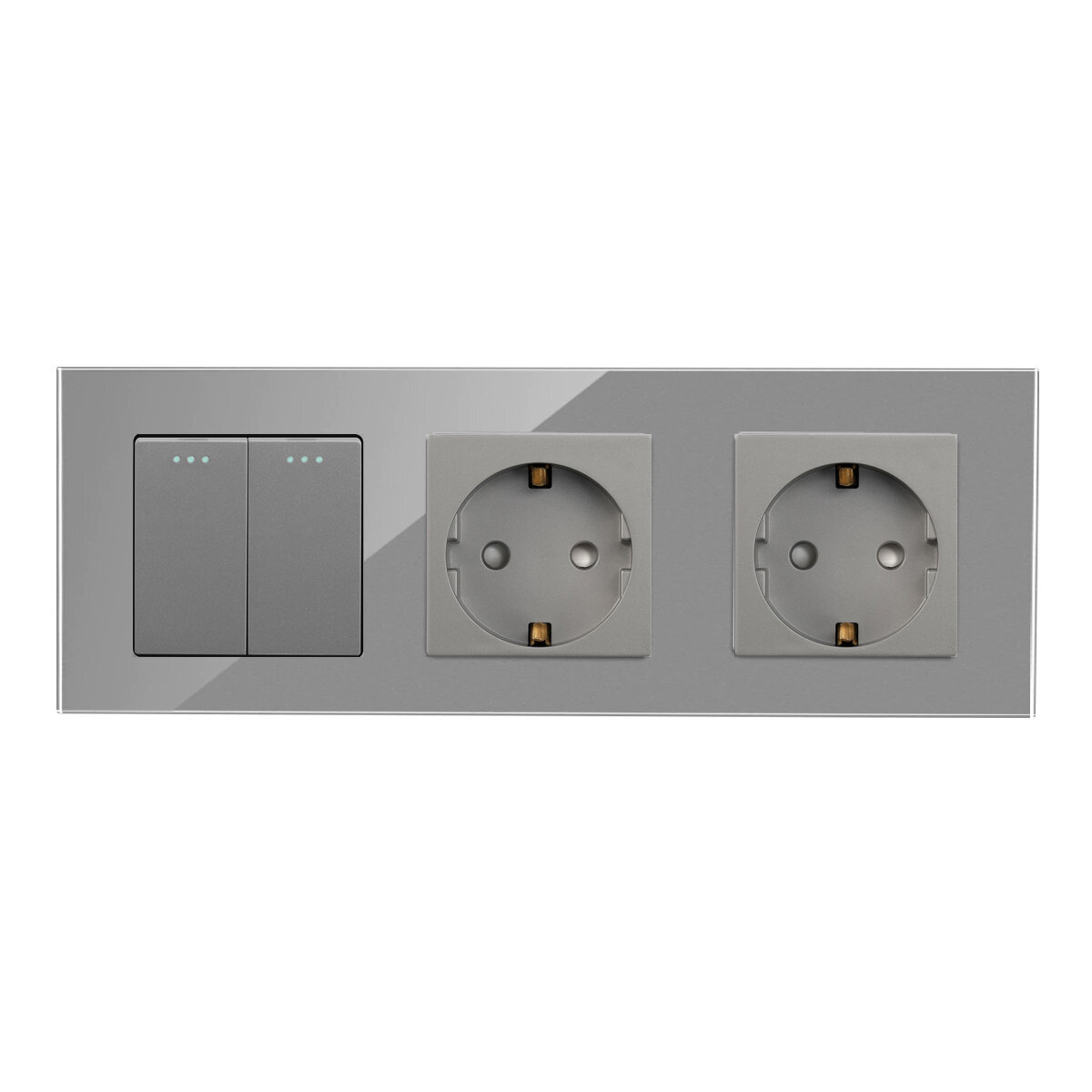 Выключатель с розеткой, 2 клавиши 2 розетки, 3 поста (M2+2F) рамка стекло 228х86мм цвет серый
