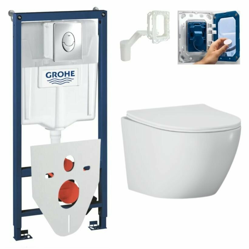 Инсталляция с унитазом комплект: унитаз подвесной Helmken 35103001, безободковый, сиденье с микролифтом из дюропласта, инсталляция Grohe, шумоизоляция, диспенсер, кнопка смыва