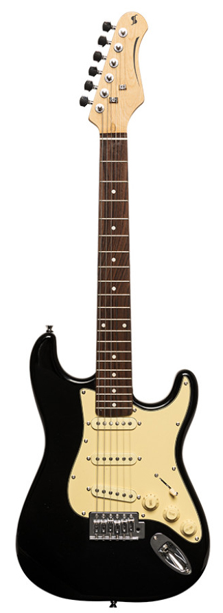 STAGG SES-30 BK 3/4 - электрогитара, размер 3/4, 22 лада, корпус: павловния, гриф: клён, на болтах, накладка: клён, звукосниматели: SSS, регулировки: 1х громкость, 2х тон, 5-ти позиционный переключатель, цвет: черный