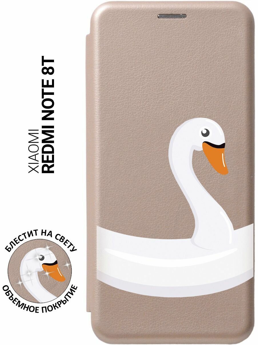 Чехол-книжка на Xiaomi Redmi Note 8T, Сяоми Редми Ноут 8Т с 3D принтом "Swan Swim Ring" золотистый