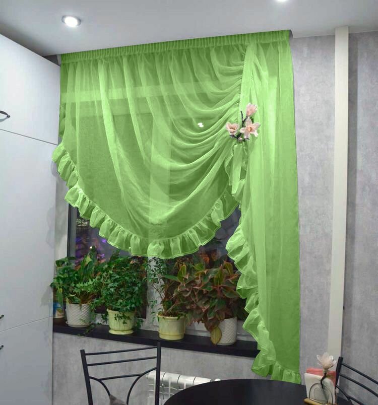 Шторы для кухни из тюля из цветного вуаль на ленте под крючки ЭИ-35 цвет зеленый