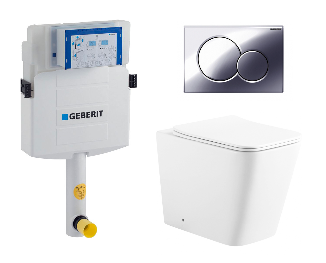 Комплект 3 в 1 смывной бачок скрытого монтажа Geberit Duofix UP320 + Унитаз приставной Enio Binario EN5215047 + Кнопка Geberit Sigma 01 хром
