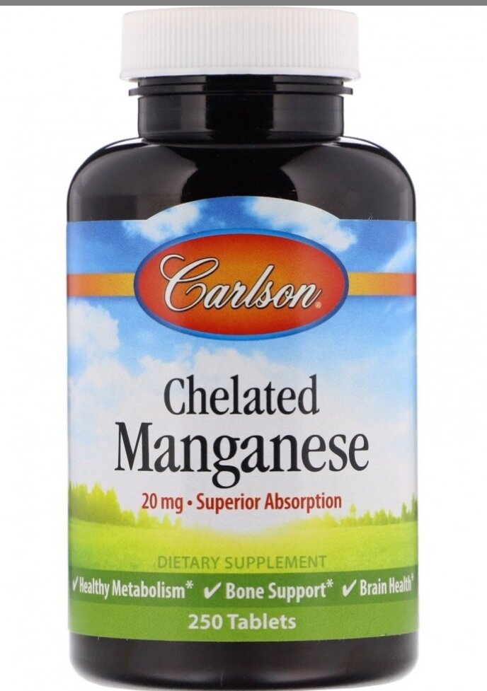 Марганец хелатный, 20 мг, 250 шт. (Chelated Manganese), Карлсон, Carlson