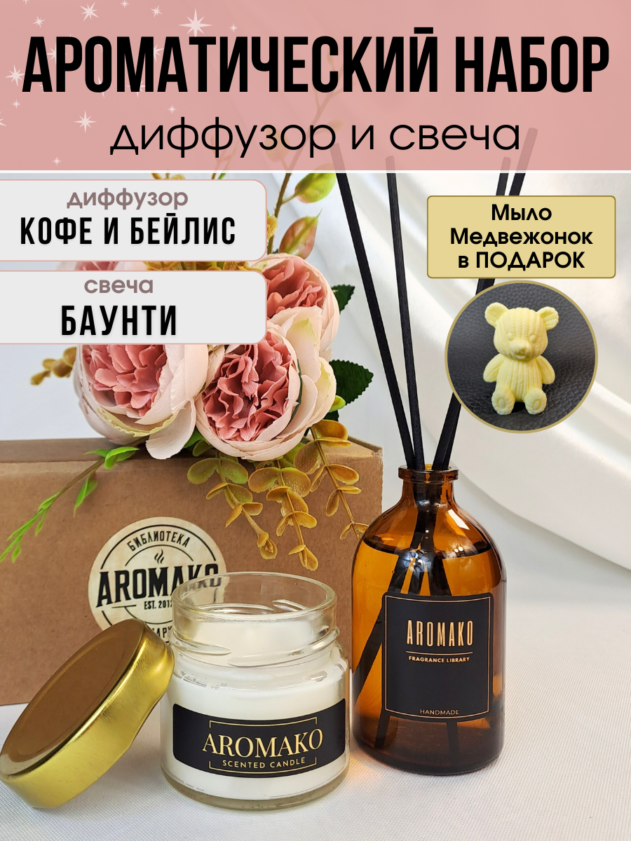 Подарочный набор в коробке аромадиффузор с палочками Кофе и Бейлис 100 мл, свеча Баунти 100 гр, подарочный бокс