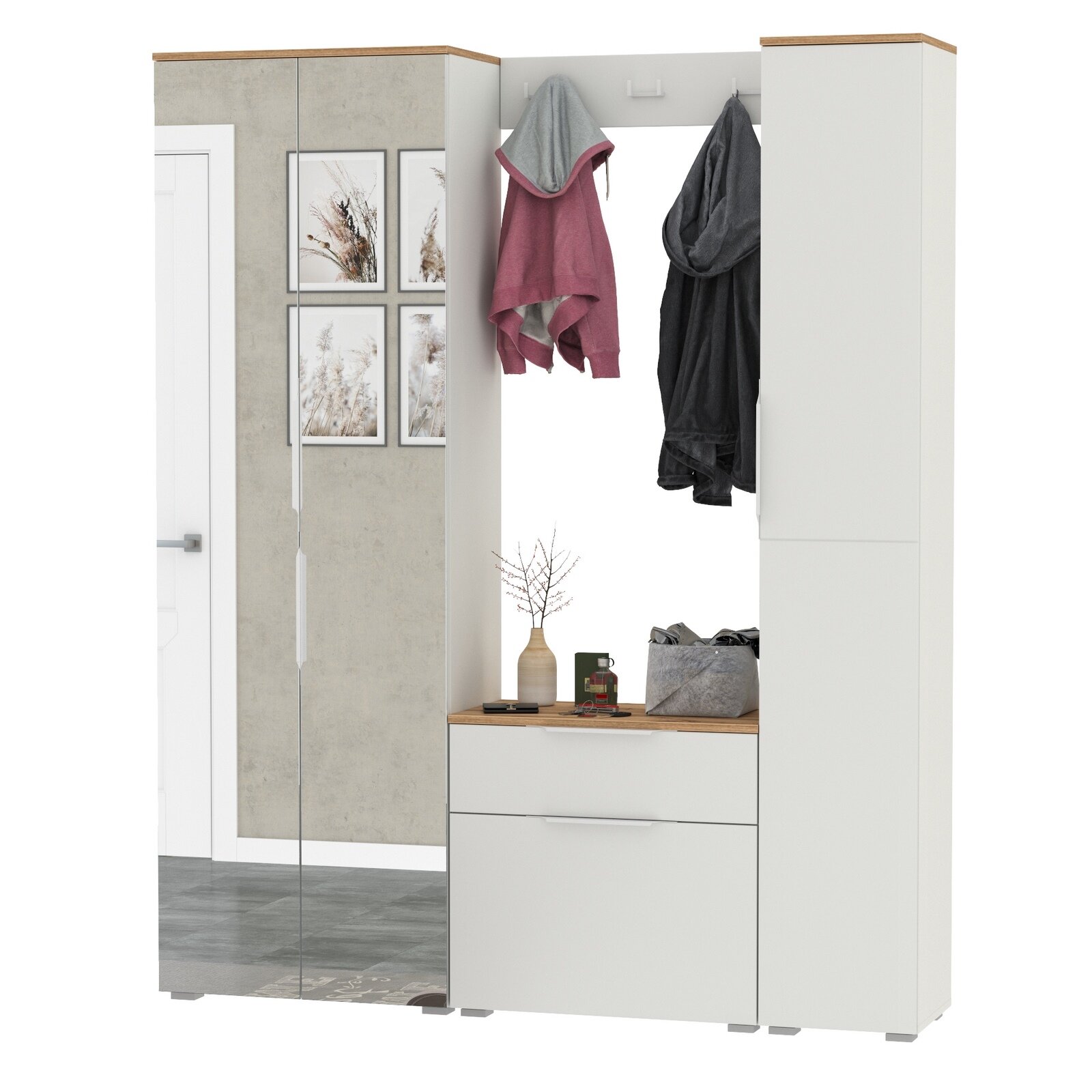 Прихожая серии Моби Октава № 23 цвет белый шагрень/дуб крафт золотой, 161,5х35,4х197,6 см