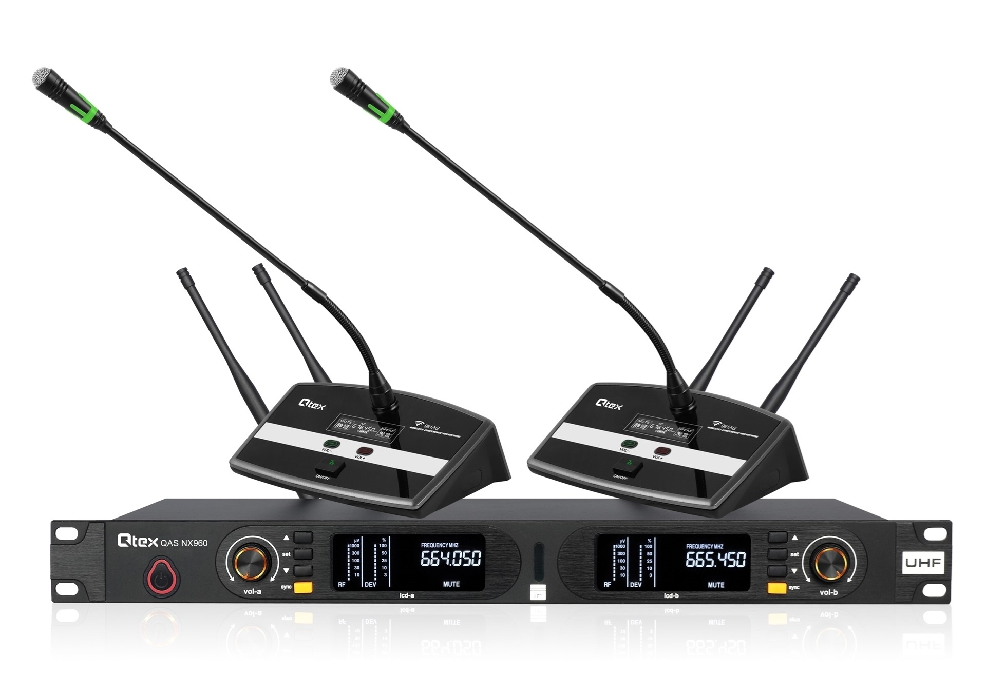 Qtex QAS NX960G- Двухканальная радиосистема true-diversity с рэковым приемником и микрофонами типа 'гусиная шея', 520–560 МГц, 200 каналов