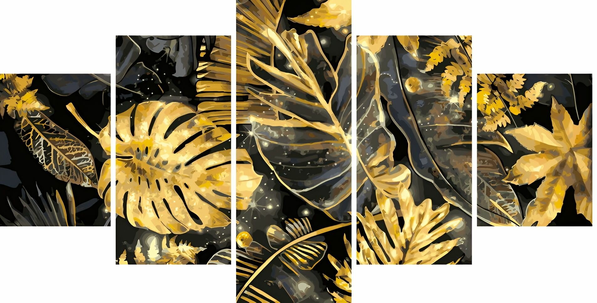 Картина по номерам. Полиптих на холсте "Золотые тропические листья"