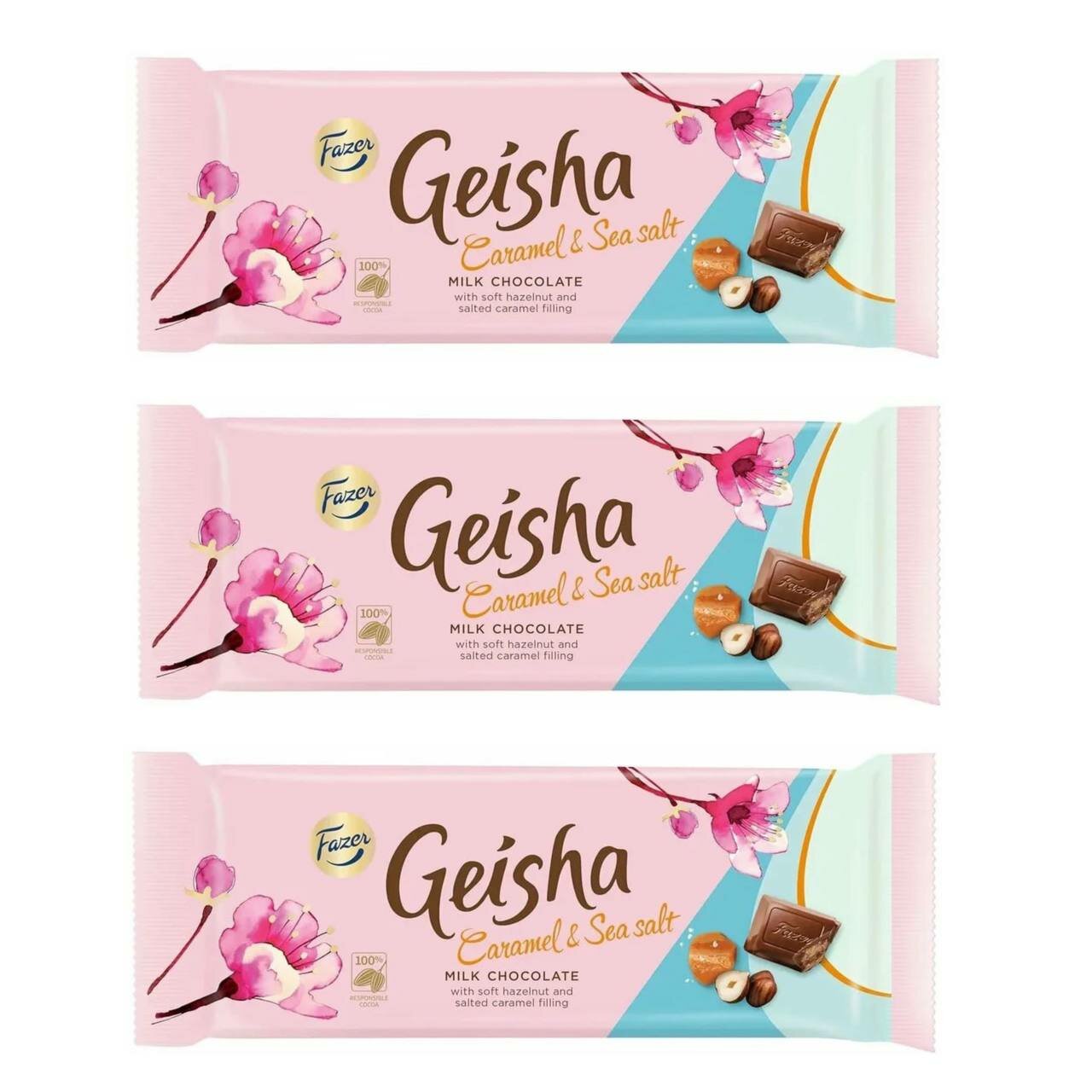 Молочный шоколад с фундуком и соленой карамелью Fazer Geisha Caramel & Sea Salt, комплект 3уп по 100 г. Финляндия