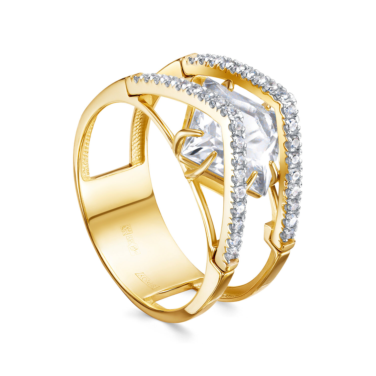 Кольцо JEWELIN, желтое золото, 585 проба, бриллиант, горный хрусталь