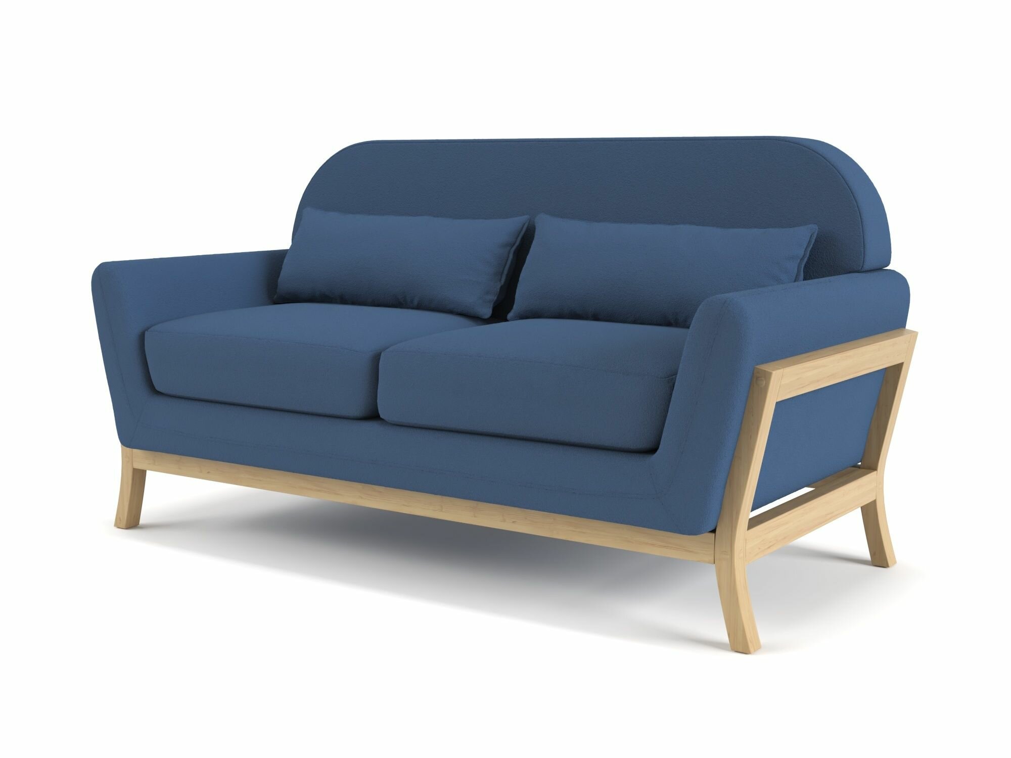 Маленький диван Arsko Эдди синий-сосна, велюр, двухместный, кухонный, офисный, для кафе и бара, на ножках, скандинавский лофт