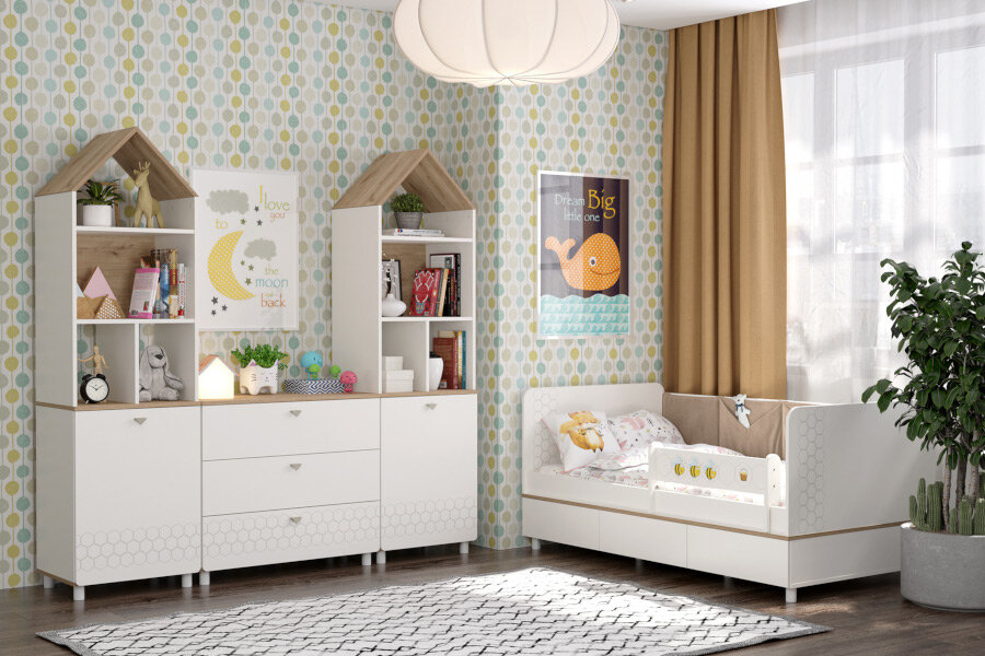 Набор детской мебели Эйп №2 (кровать + комод + стеллаж+ стеллаж) цвет белый/ дуб белый Моби